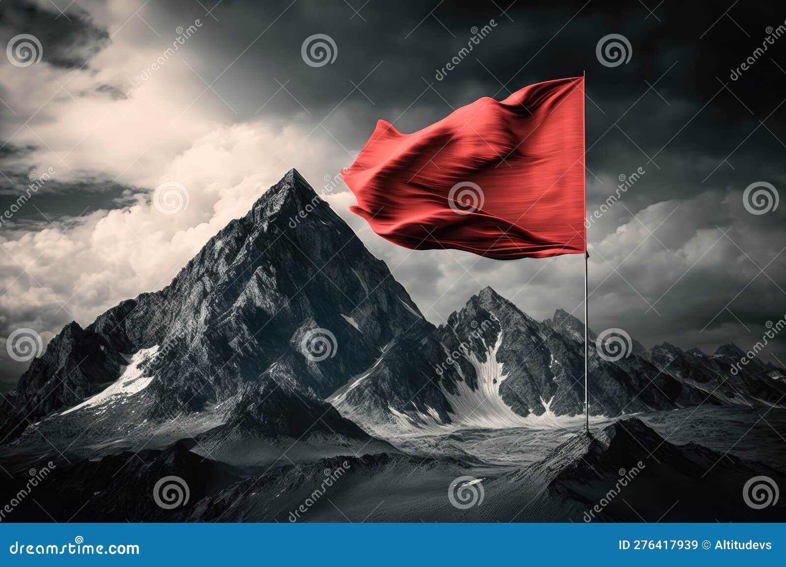 Peak with Red Flag and Mountain Range in the Background Stock ...