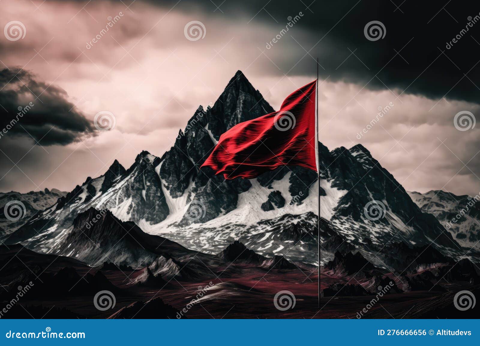 Peak with Red Flag and Mountain Range in the Background Stock Photo ...