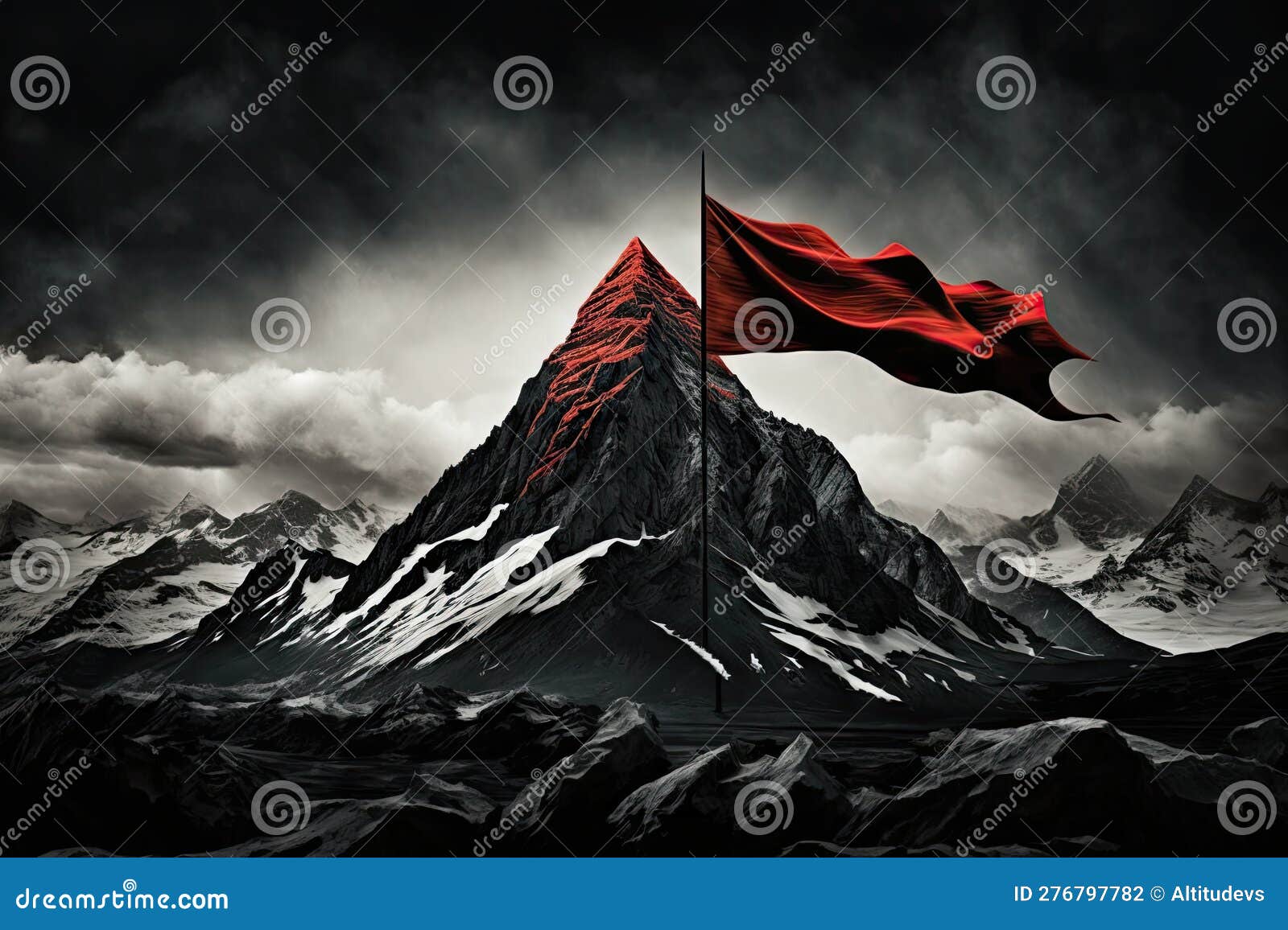 Peak with Red Flag and Mountain Range in the Background Stock ...