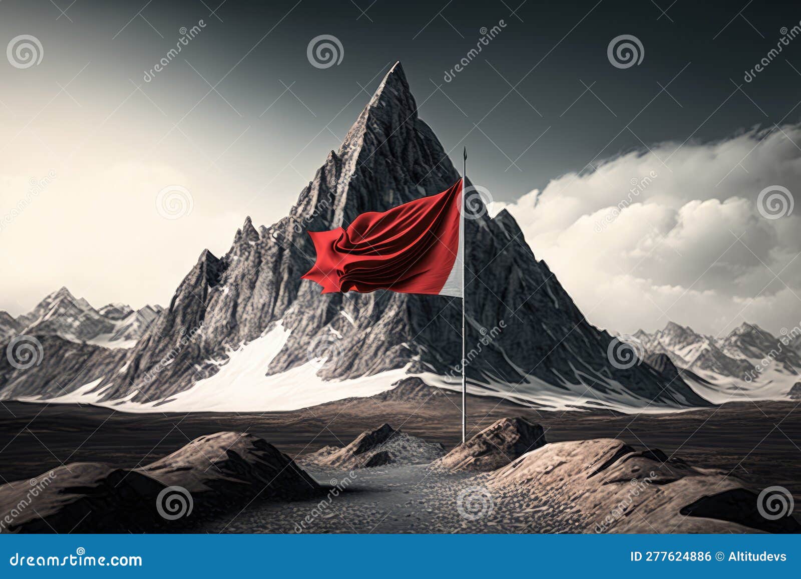 Peak with Red Flag and Mountain Range in the Background Stock Photo ...