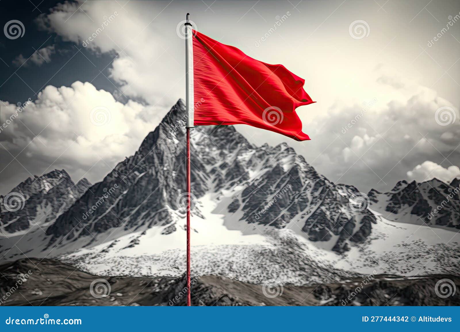 Peak with Red Flag and Mountain Range in the Background Stock ...