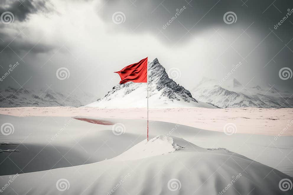 Peak with Red Flag, Surrounded by Pristine White Snow Stock ...