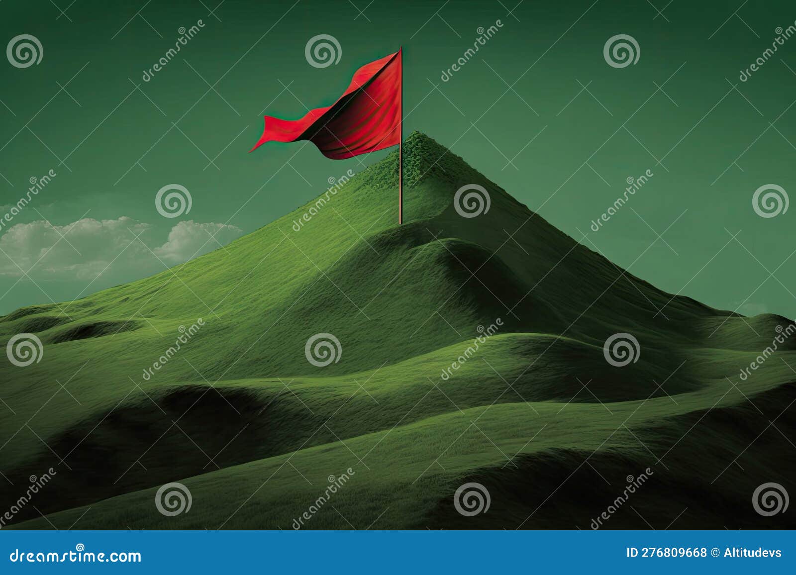 Peak with Red Flag, Surrounded by Rolling Green Hills Stock ...