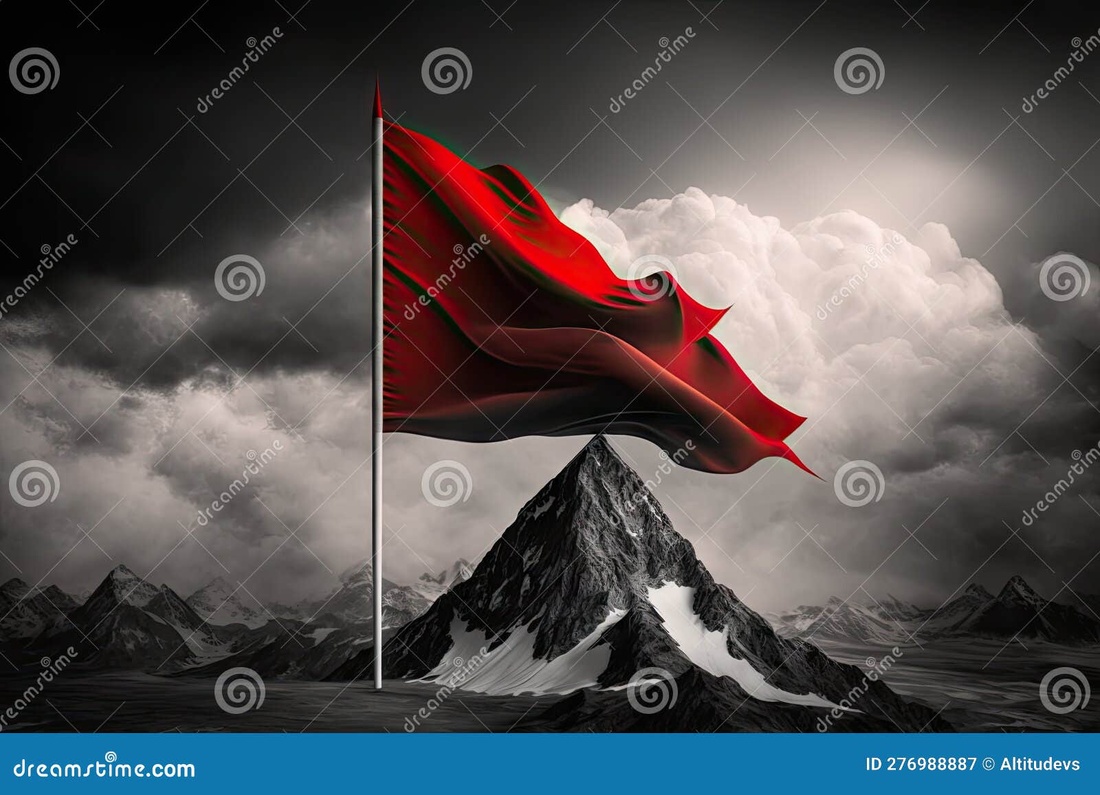 Peak with Red Flag and White Clouds in the Background Stock ...