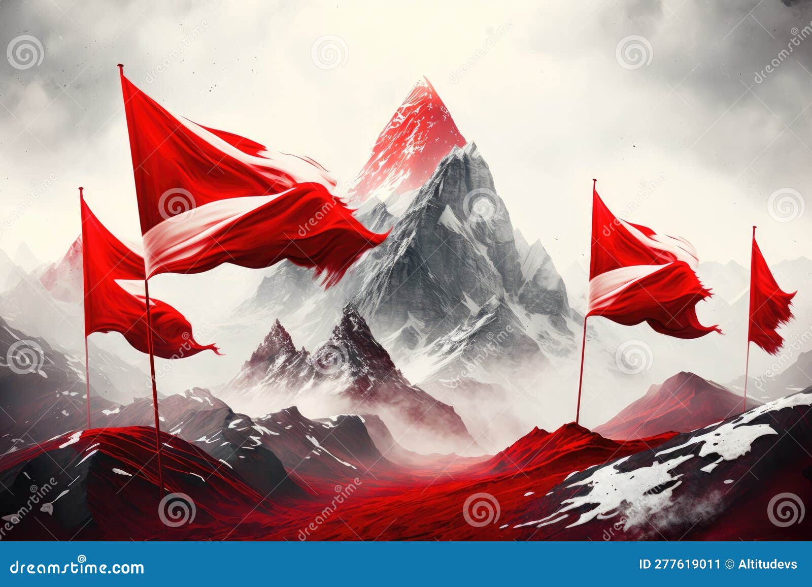 Peaks with Red Flags Blowing in the Wind, Symbol of Adventure and ...