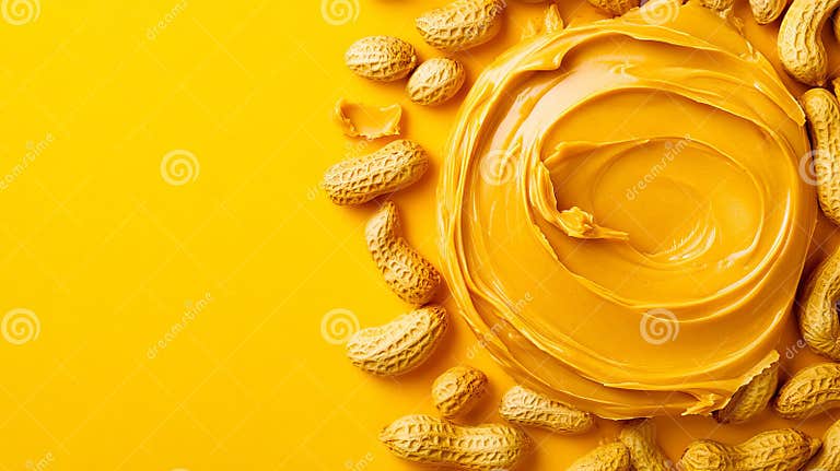 Peanut Butter and Peanuts on a Yellow Background Stock Image - Image of ...
