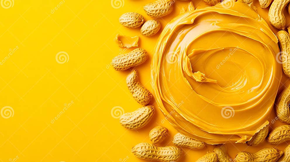 Peanut Butter and Peanuts on a Yellow Background Stock Image - Image of ...