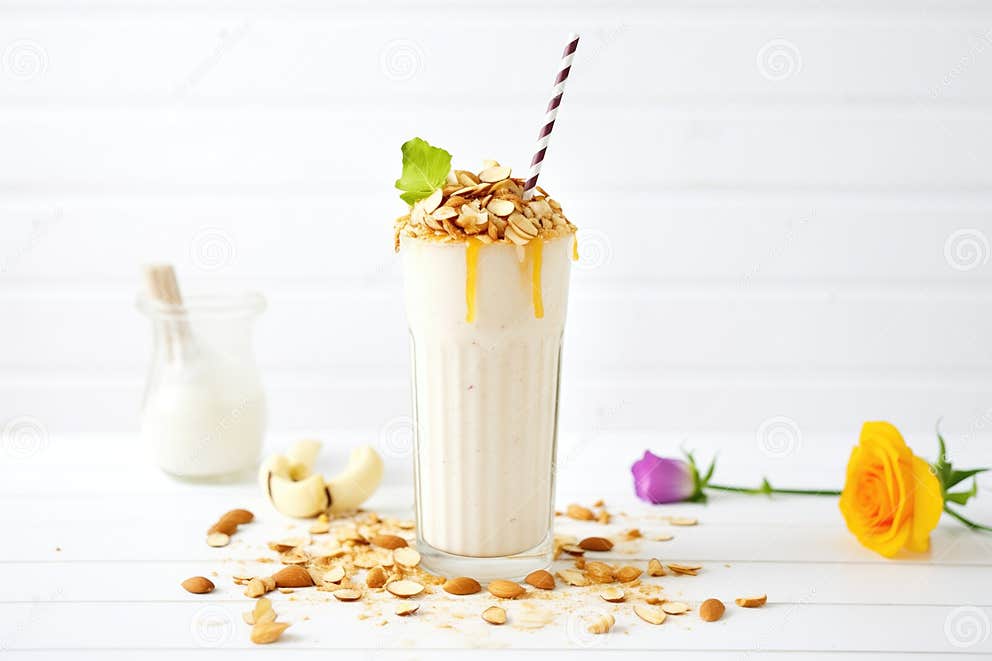 Peanut Butter Shake with Nuts and Drizzle on a White Table Stock Image ...