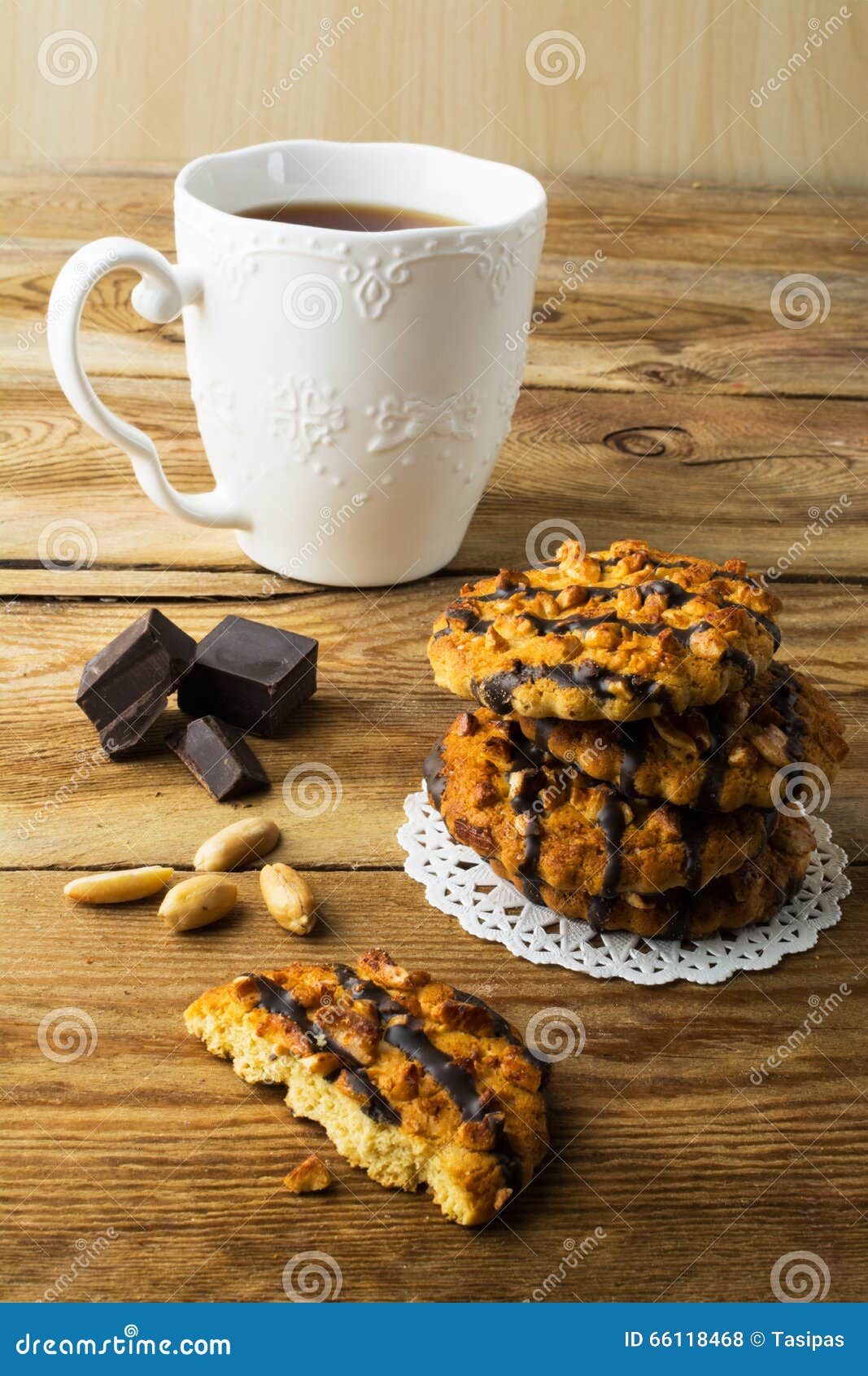 Peanut Cookies Coating Chocolate and Tea Stock Photo - Image of ...