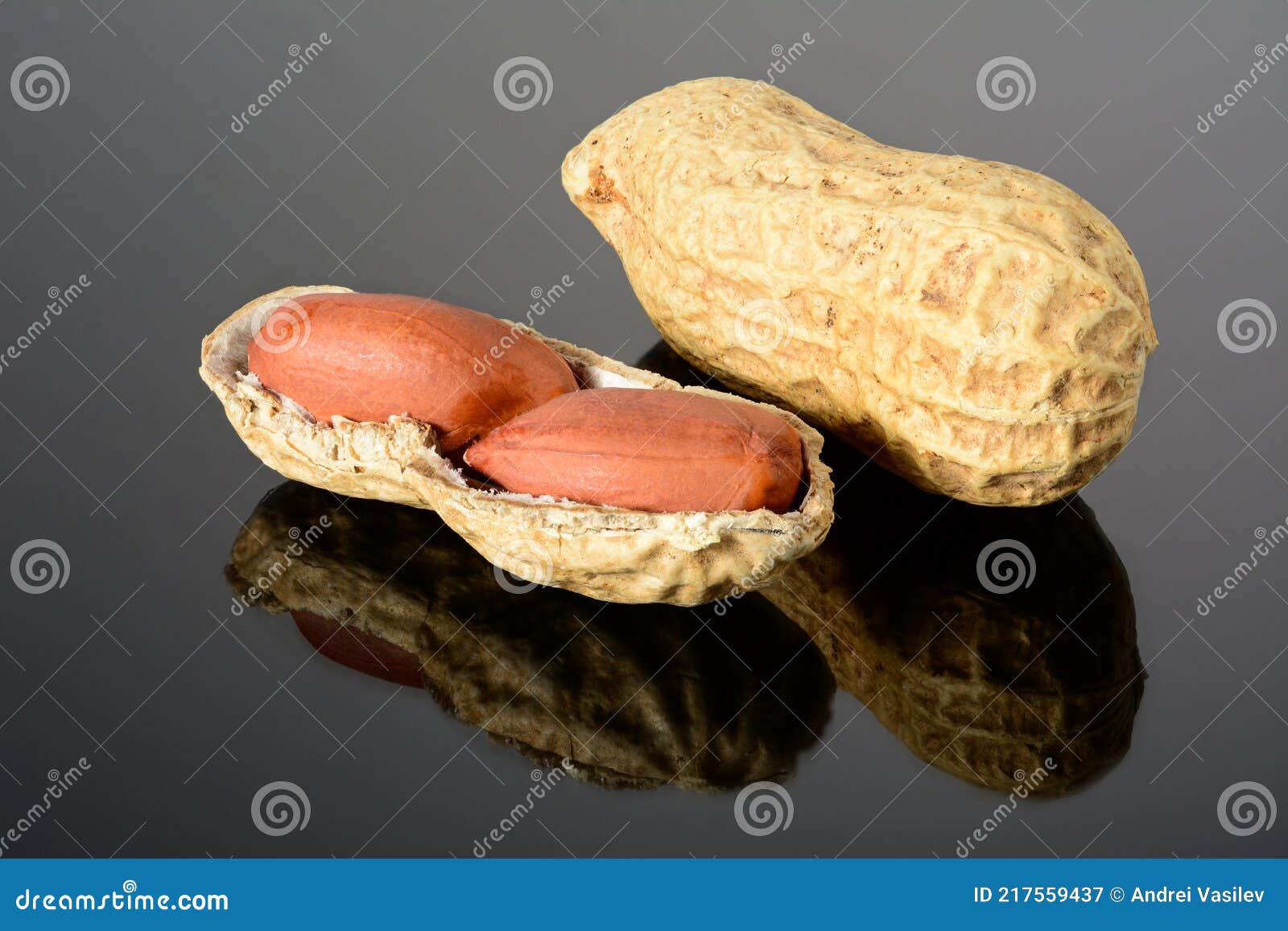 Peanut on Glossy Black Surface with Reflection. Whole Peanut and Open ...