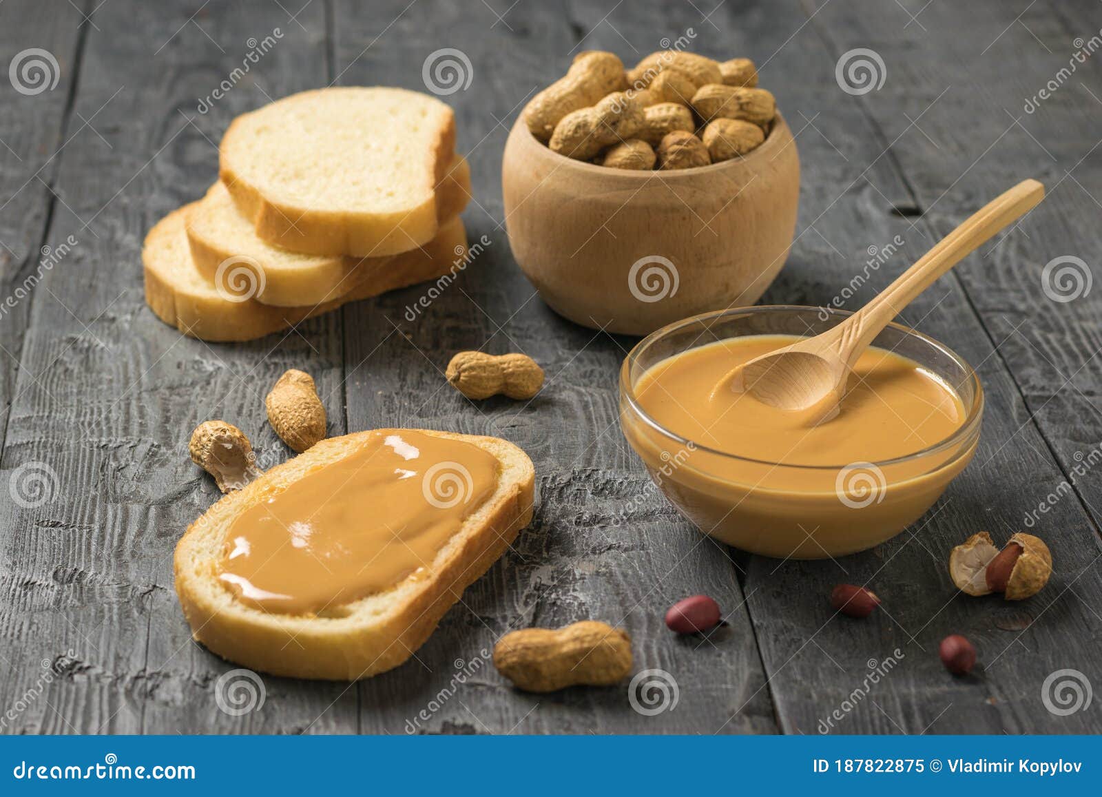 Peanut Paste with Bread and Peanut Fruit on a Wooden Table. Stock Image ...
