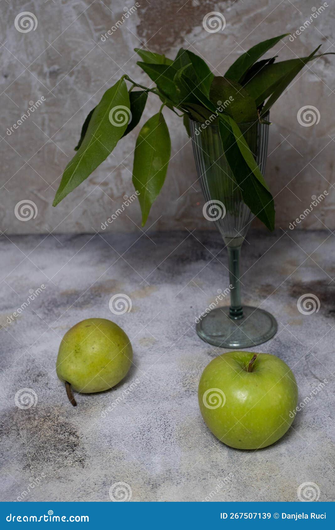 Pear and Apple in Front of Leaves, on Light Background Stock Image ...