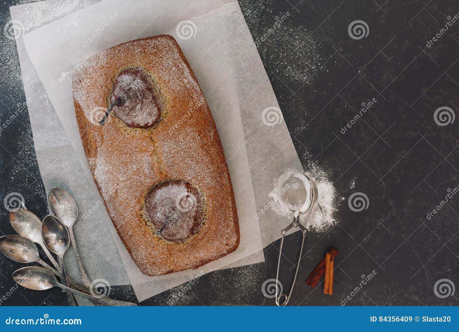 Pear Cake with Dusting of Icing Sugar Stock Image - Image of drink ...