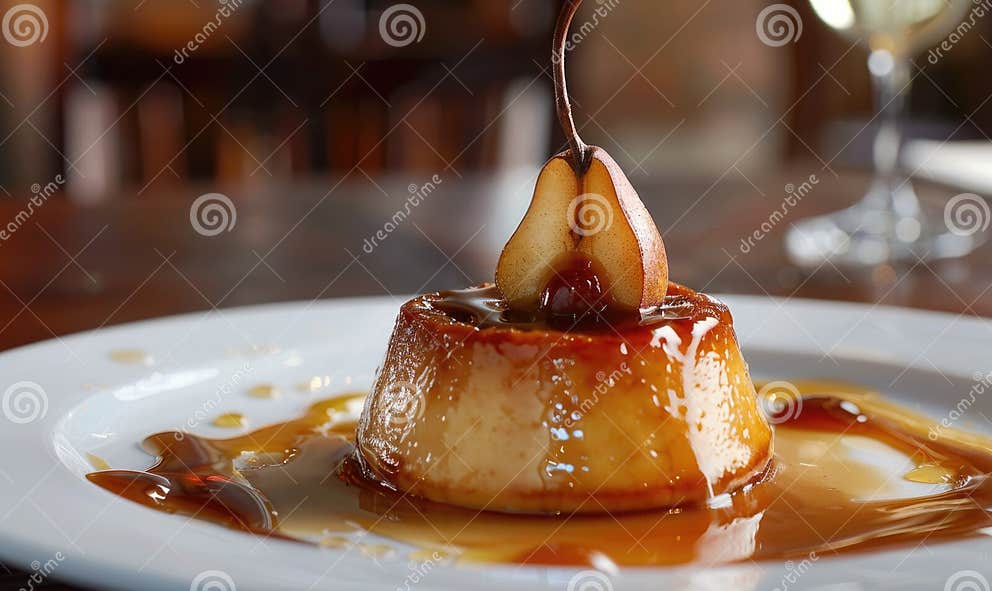 Pear and caramel flan stock image. Image of caramel - 328332313