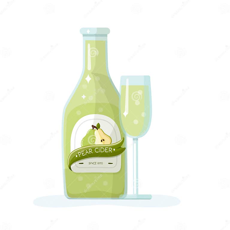 Pear Cider Bottle and Glass Set Stock Illustration - Illustration of ...