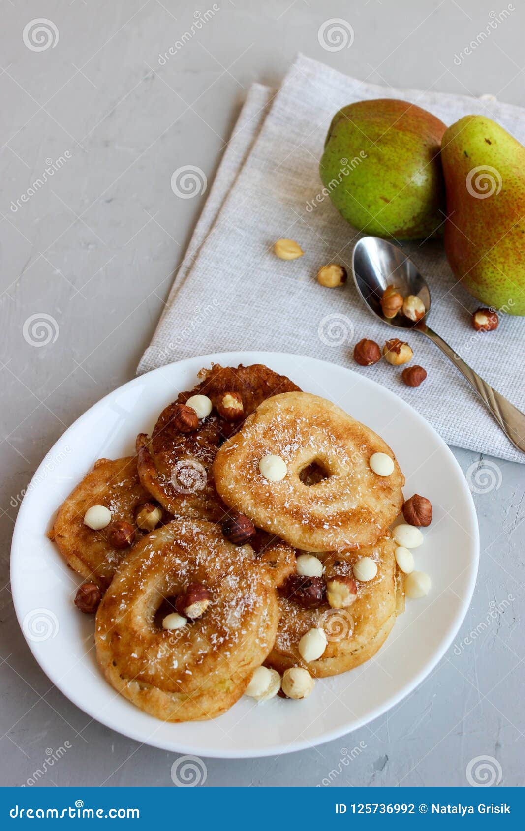 Fried pear donuts stock photo. Image of nuts, dough - 125736992