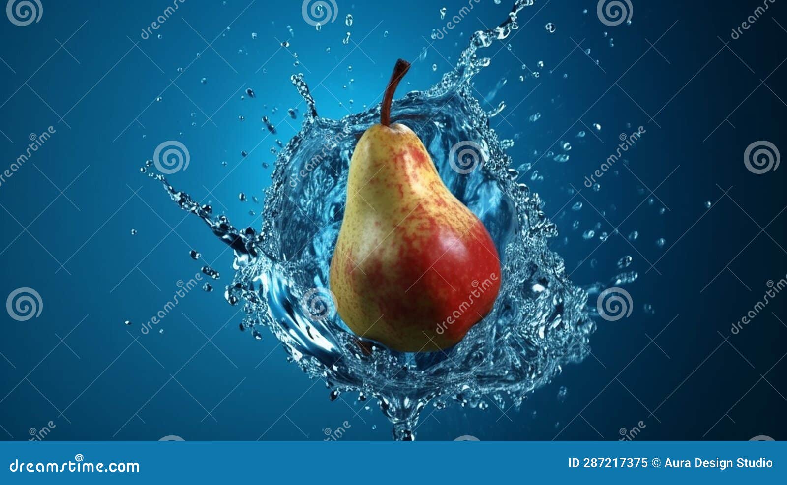 Pear Dropped on the Blue Water Surface with Pear Slice and Water Splash ...