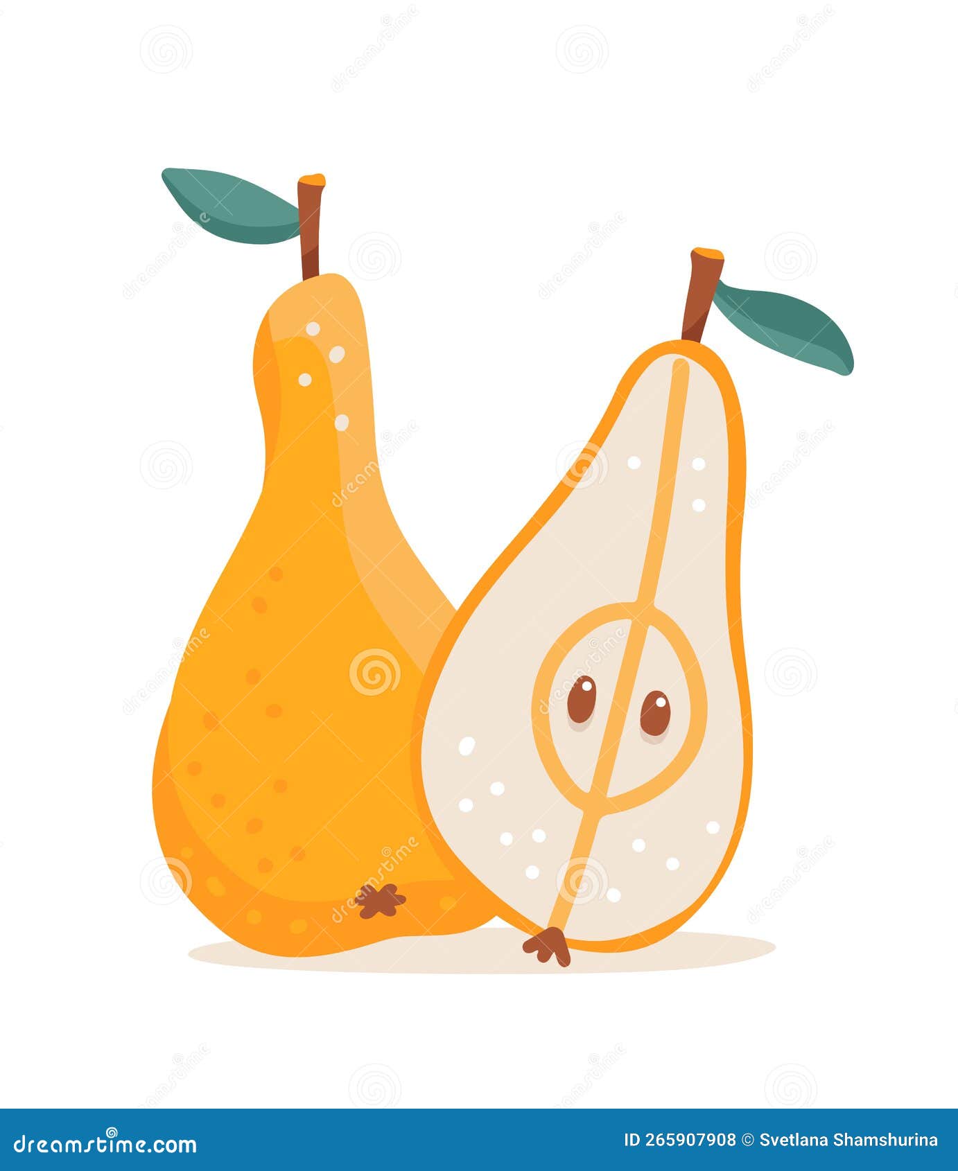 Pear Fresh Yellow Fruit - Full and Half. Flat Cartoon Hand Drawn Vector ...