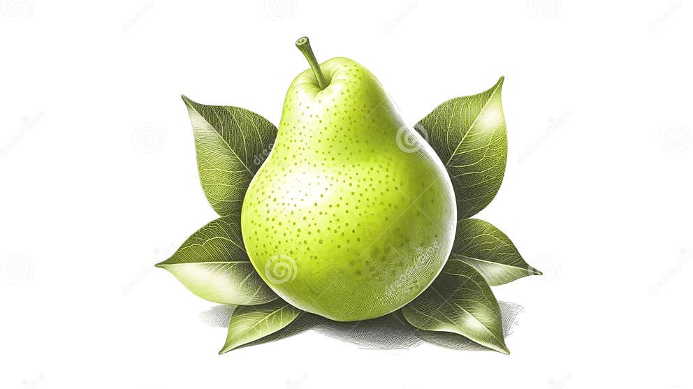 A Pear among Leaves on a Plain White Background. Stock Illustration ...