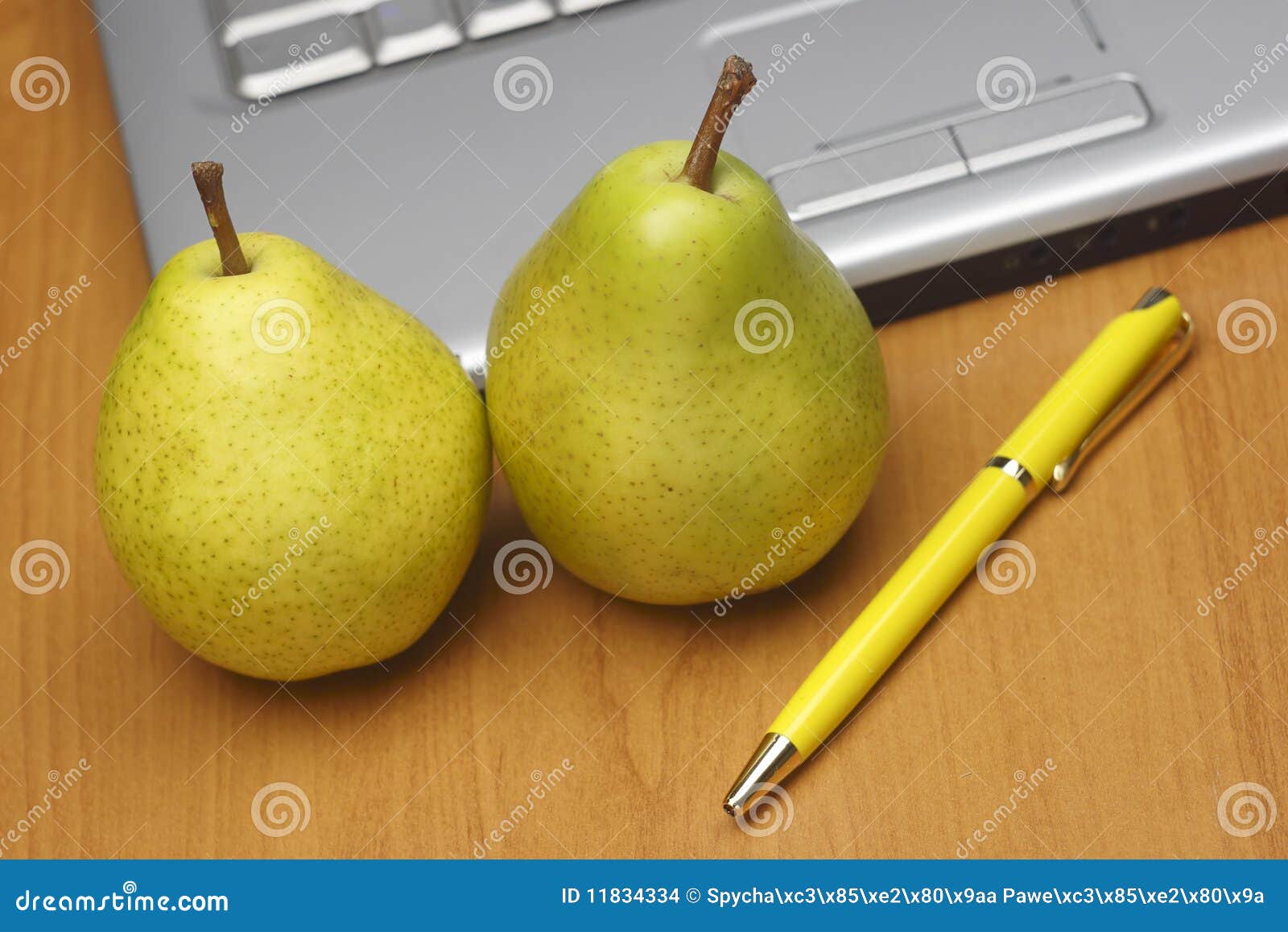 Pear,pen and laptop. stock photo. Image of food, sweet - 11834334