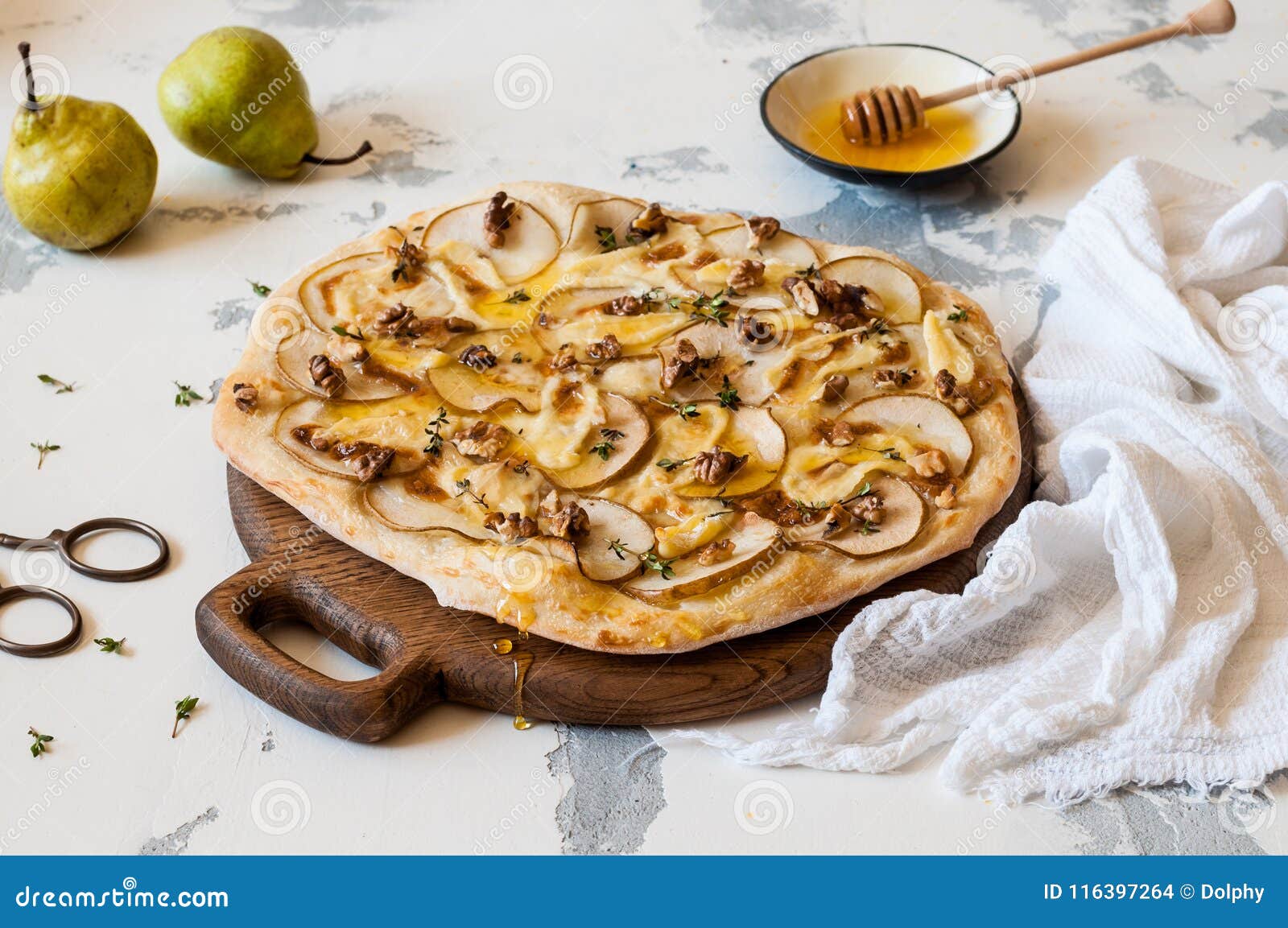 Pear Pizza with Honey stock photo. Image of cuisine - 116397264