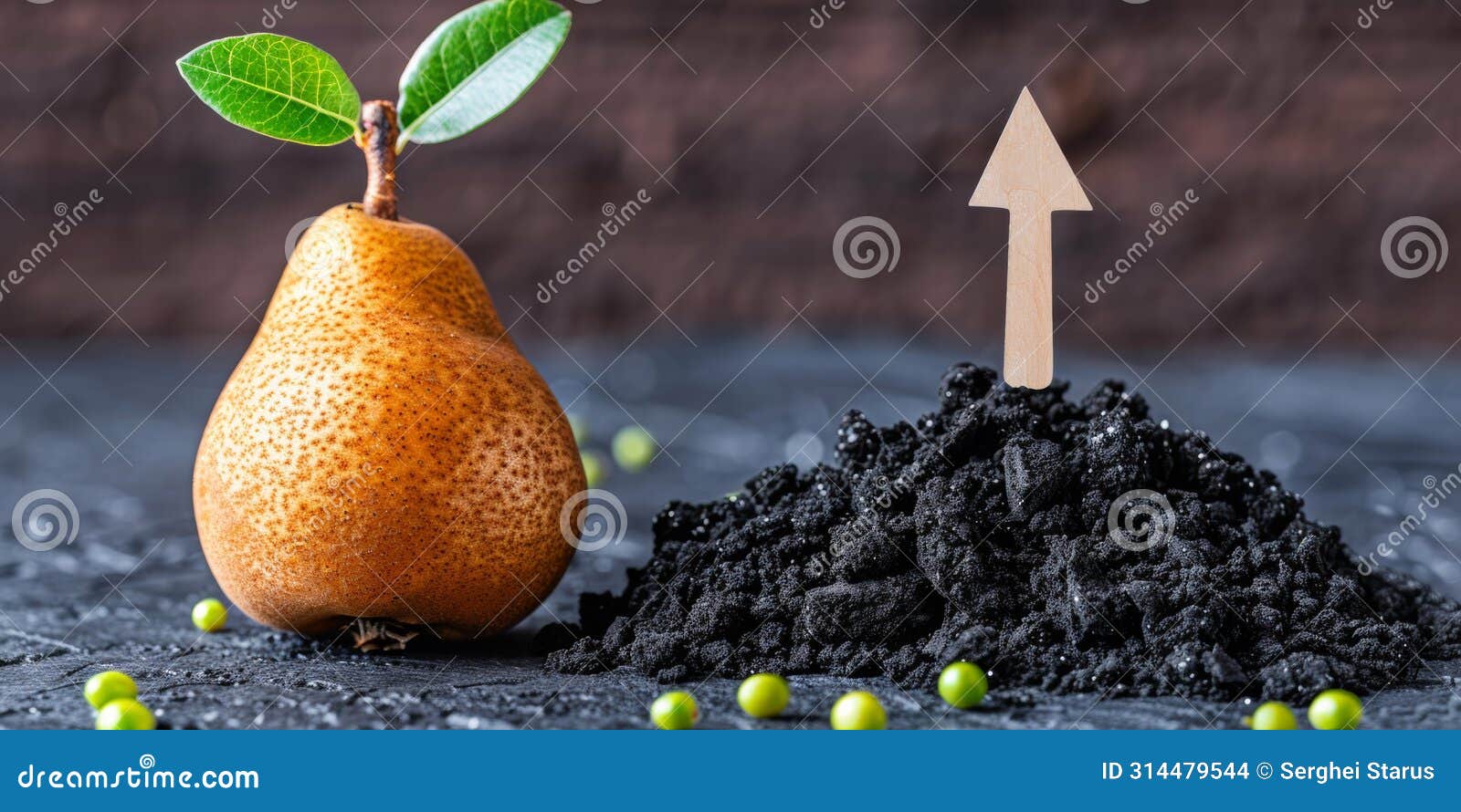 A Pear and a Small Arrow Pointing Up To it on Top of Dirt, AI Stock ...
