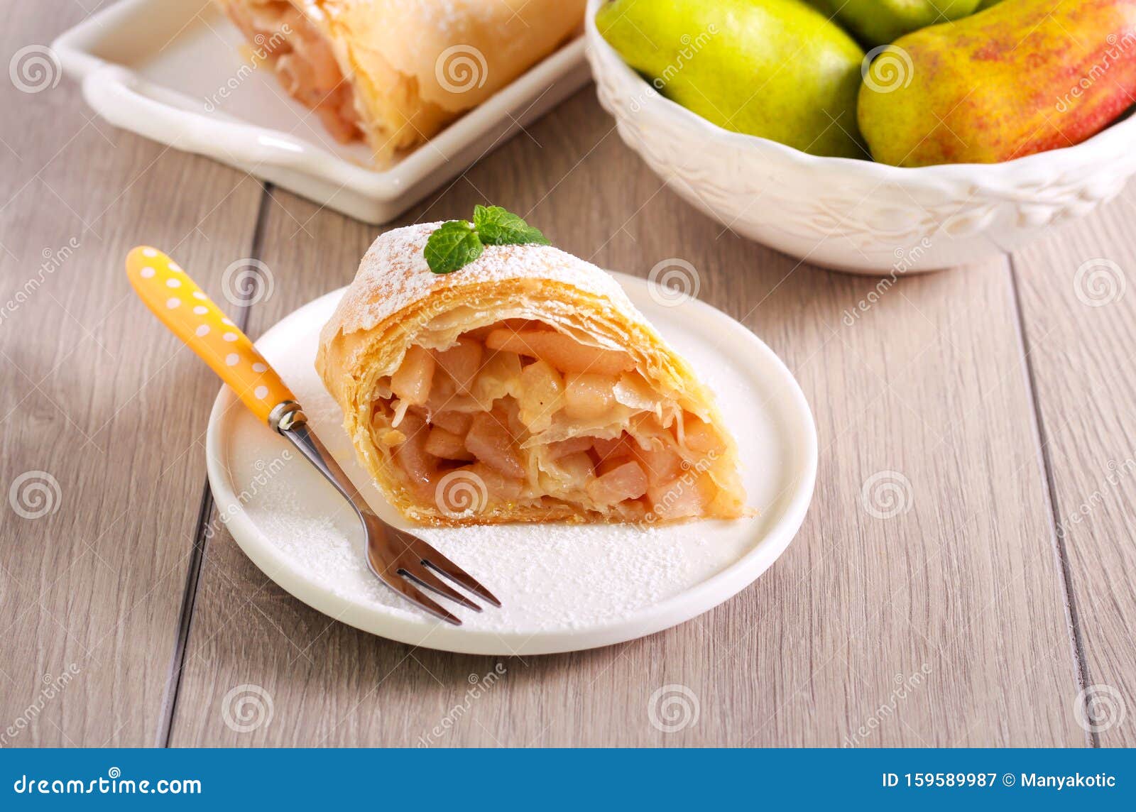 Pear spicy strudel, sliced stock image. Image of dessert - 159589987