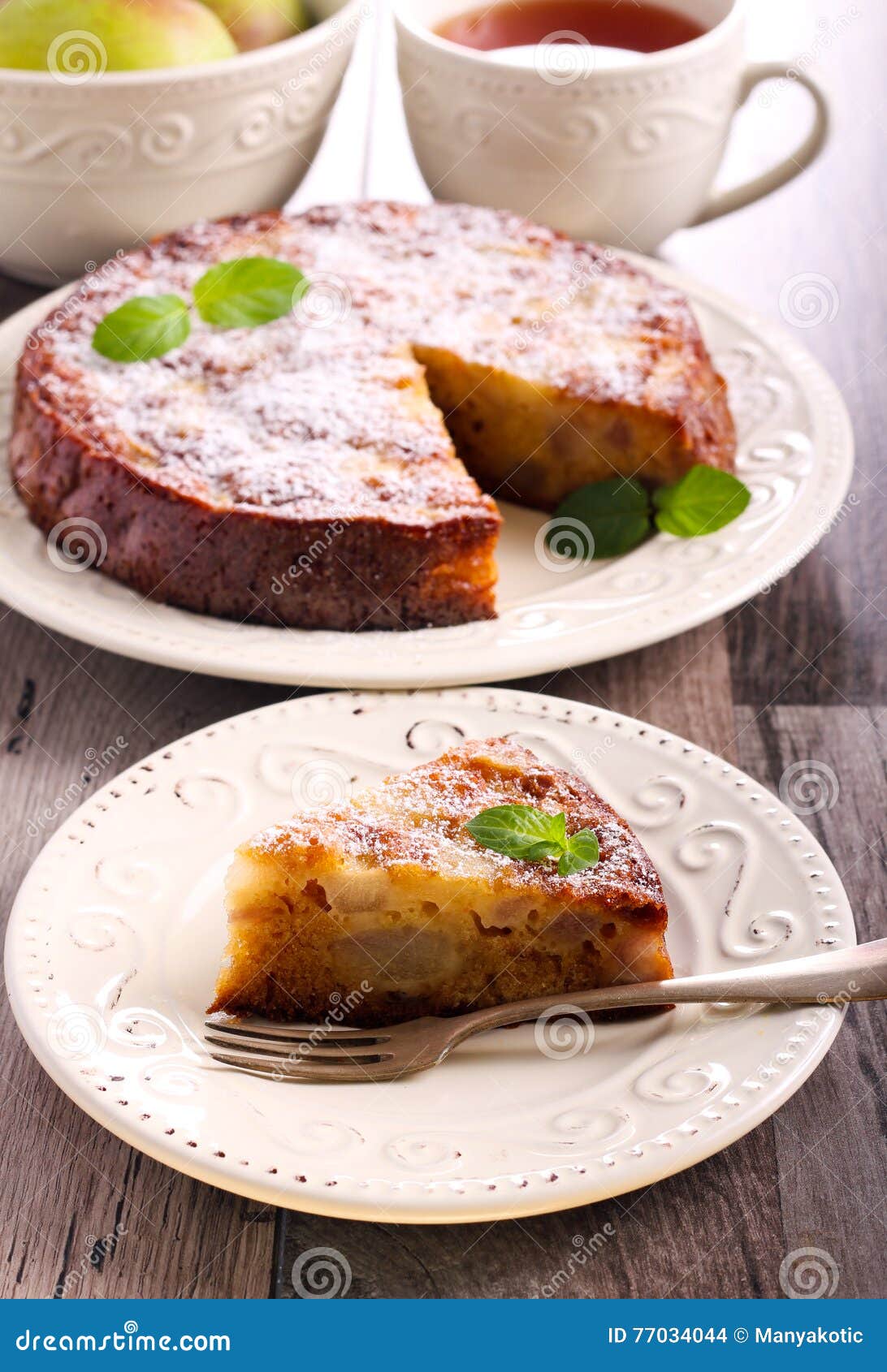 Pear Sponge Cake with Icing Sugar Stock Photo - Image of plate, snack ...