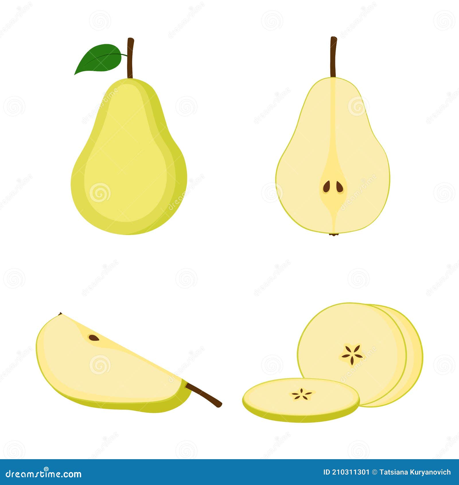 Pear Set. Pear Whole Chopped Half Quarter Cut Slices Pear Leaves And ...