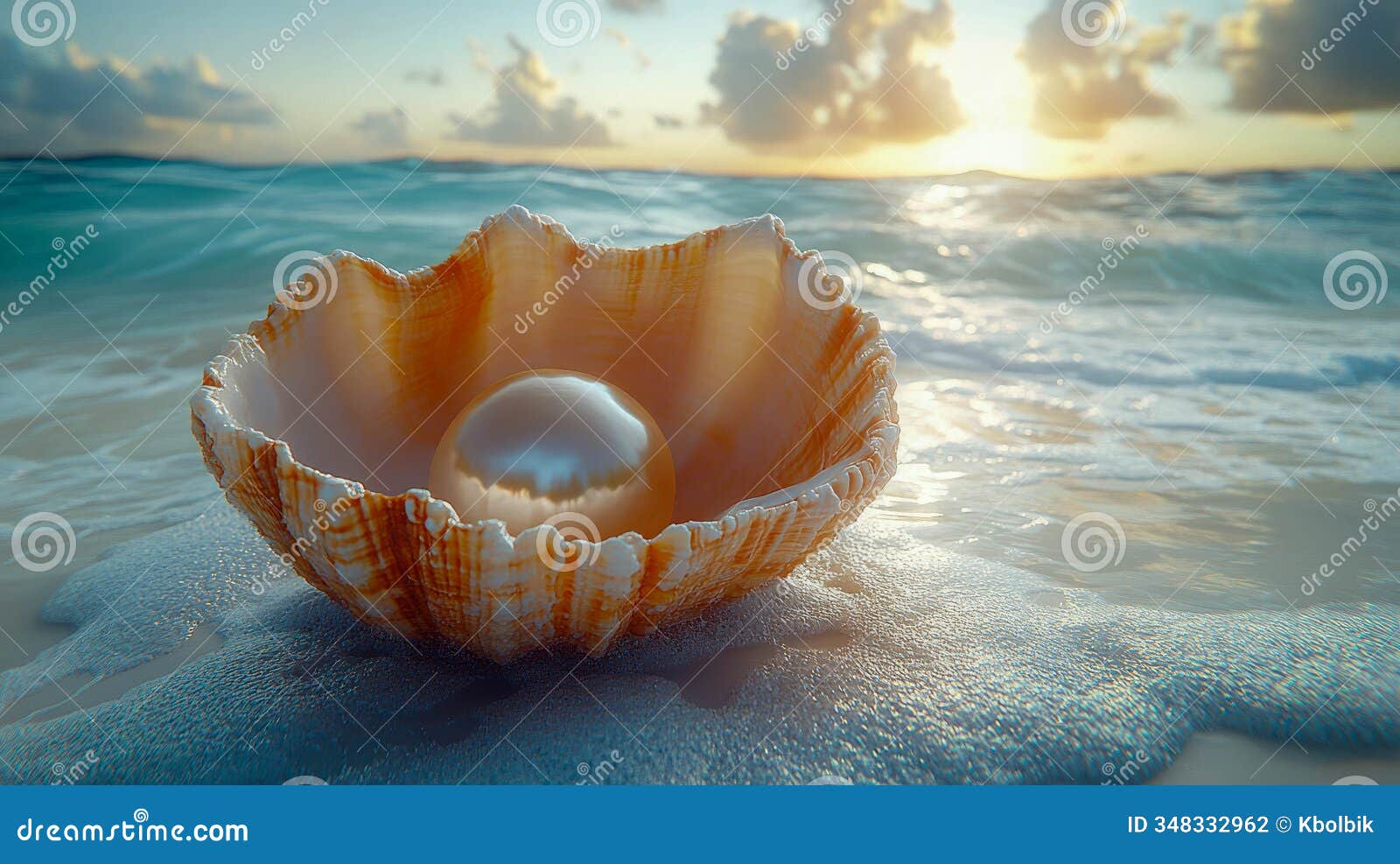 Pearl Resting Inside an Open Shell on a Beach, Surrounded by Ocean ...