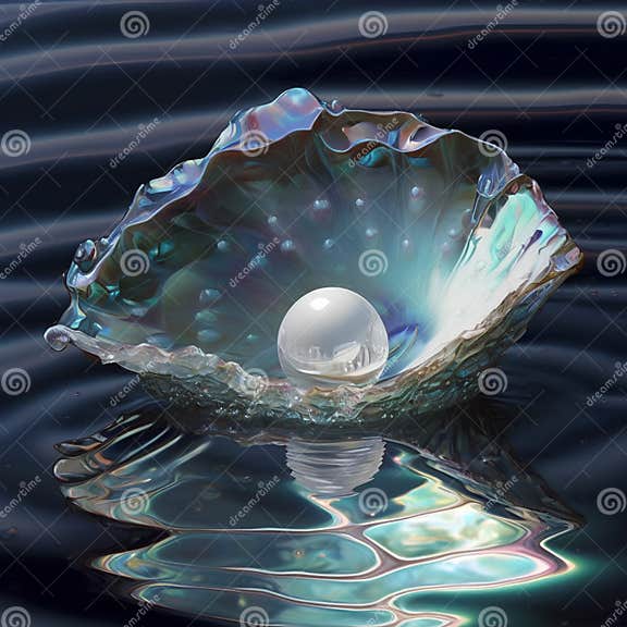 Pearl in a Shell with Reflection in Water. 3d Render Stock Illustration ...