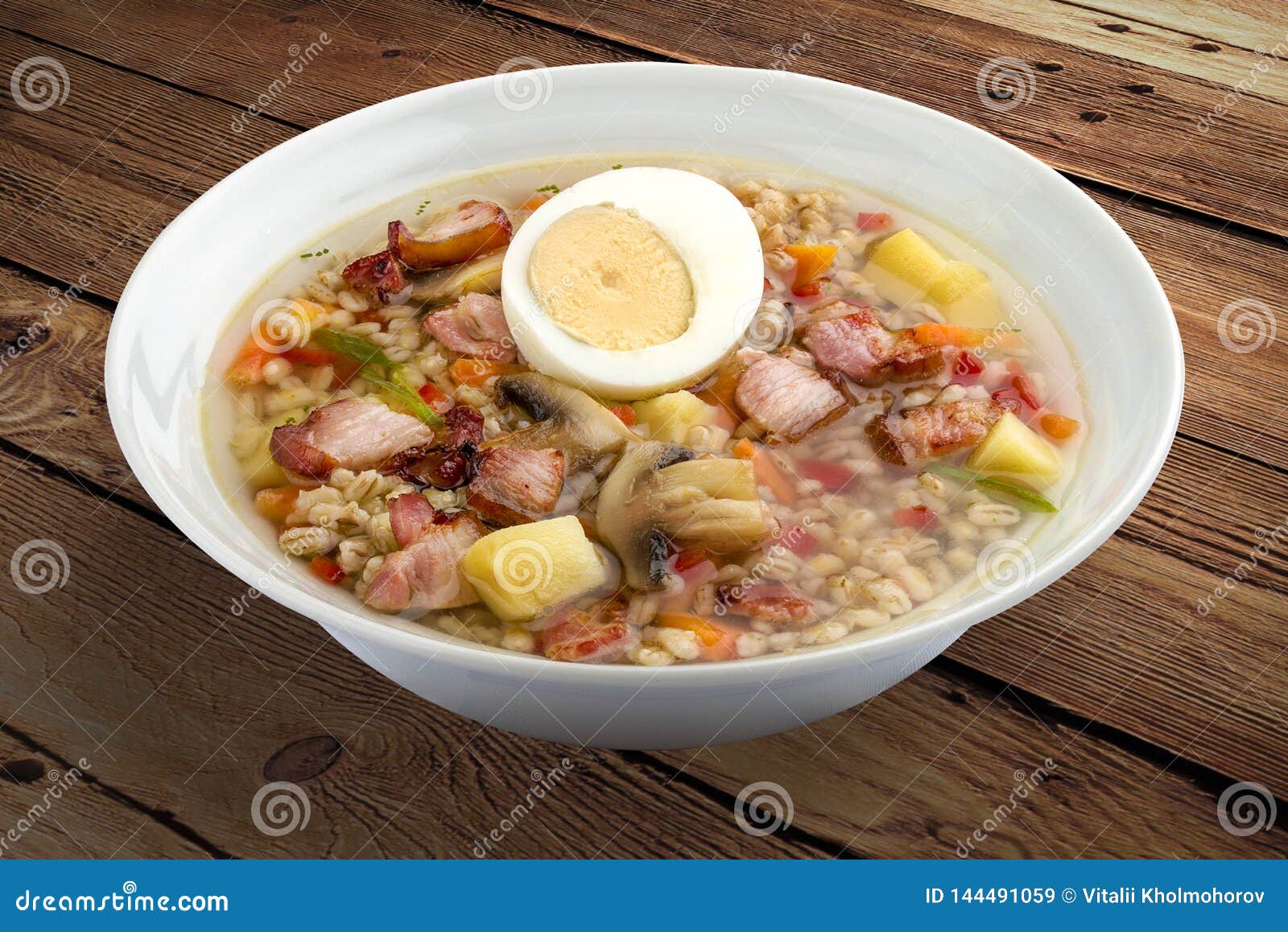 Pearl Soup with Bacon and Egg. Stock Image - Image of bacon, potato ...