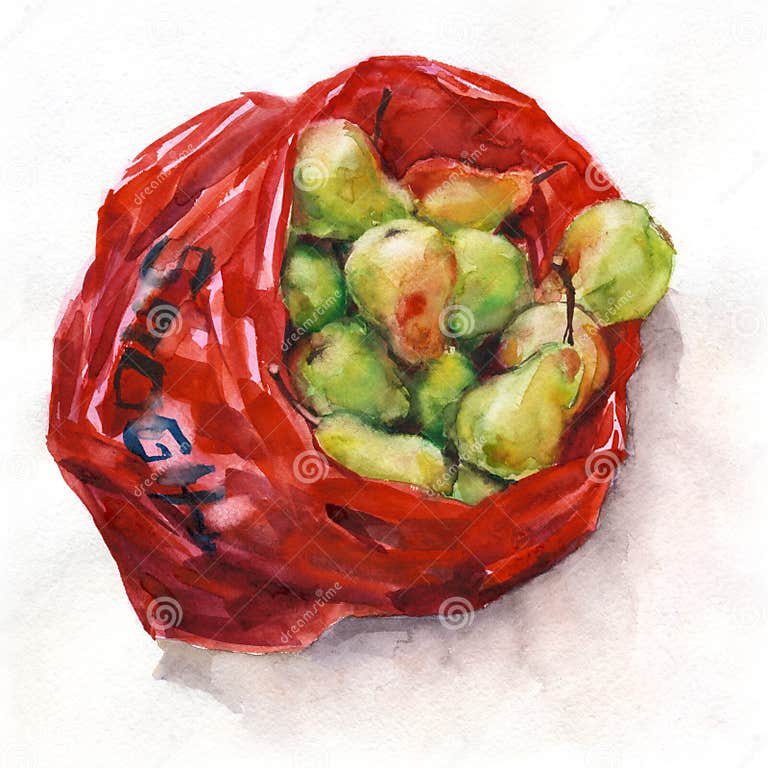 Pears in a red plastic bag stock illustration. Illustration of ripe ...