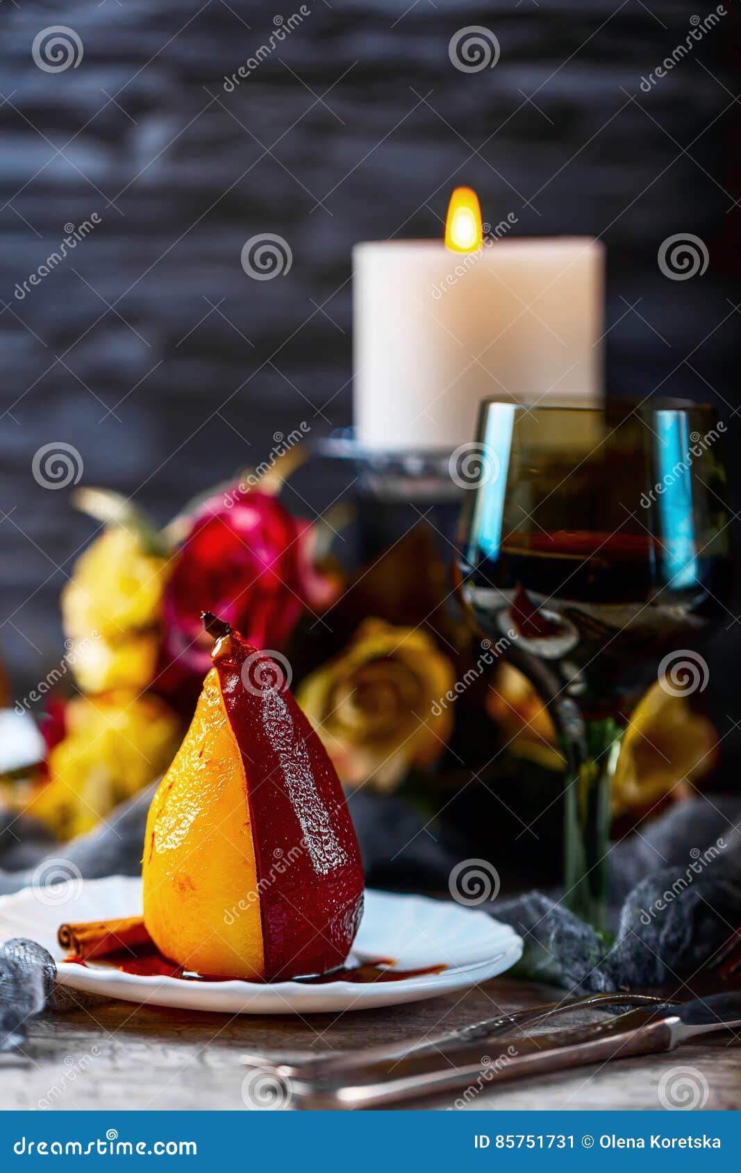 Pears in Wine. Romantic Dinner Stock Image - Image of flame, ingredient ...