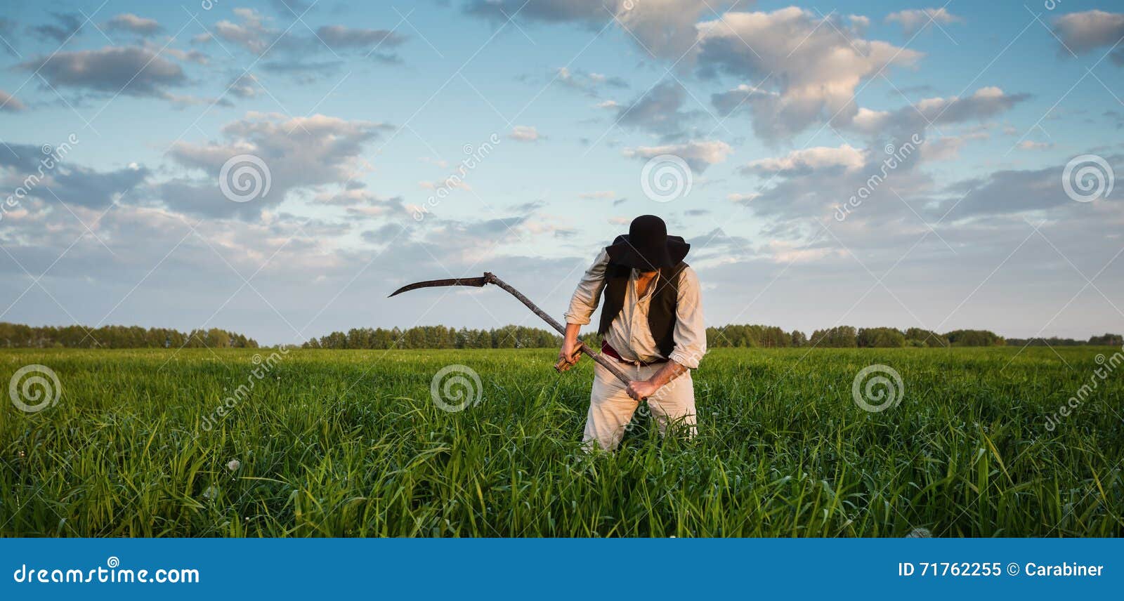 Peasant Mows Grass in the Field Stock Image - Image of blue, farm: 71762255