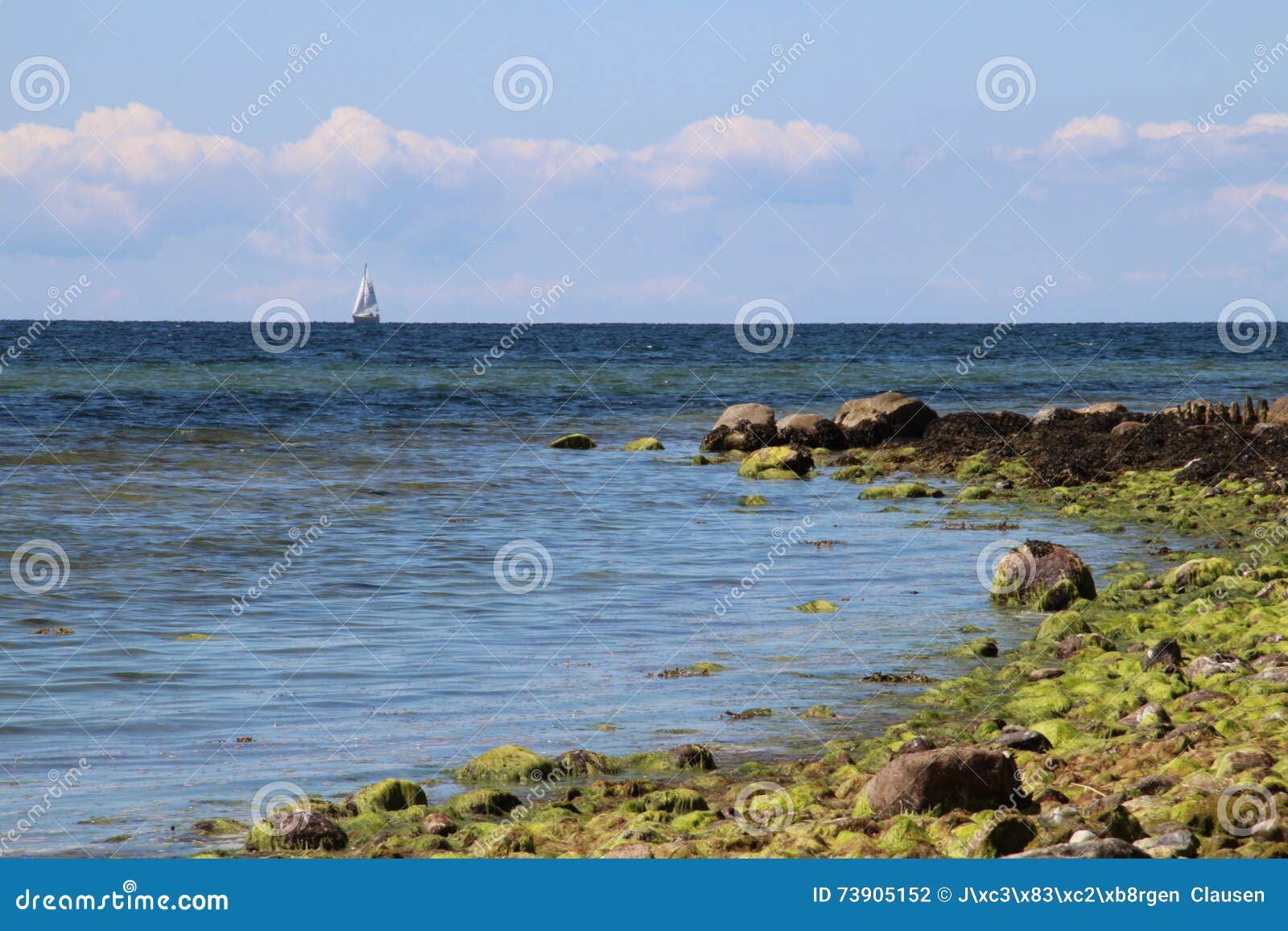 Pebble Beach and a Sailing Ship Stock Photo - Image of summertime ...