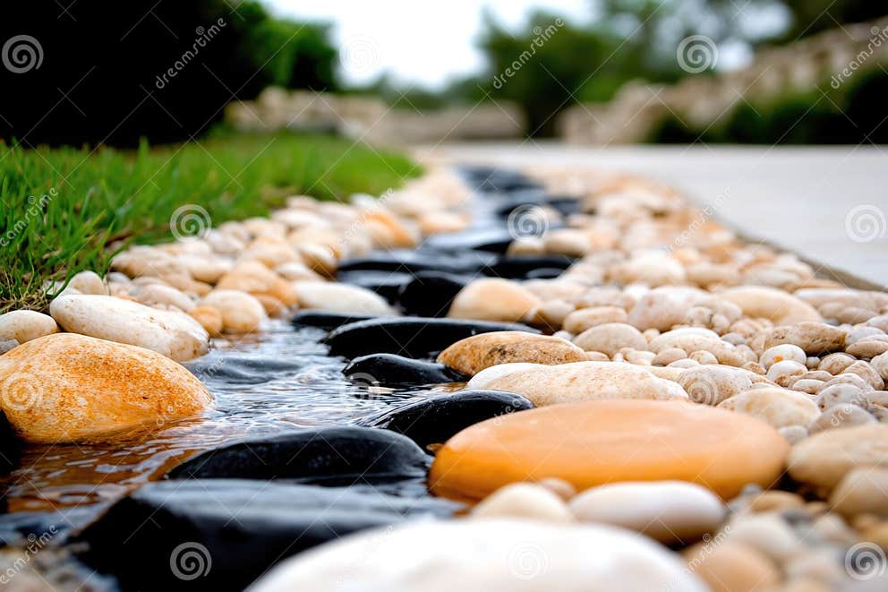 Pebble Pathway with Flowing Water in Tranquil Garden Setting Stock ...
