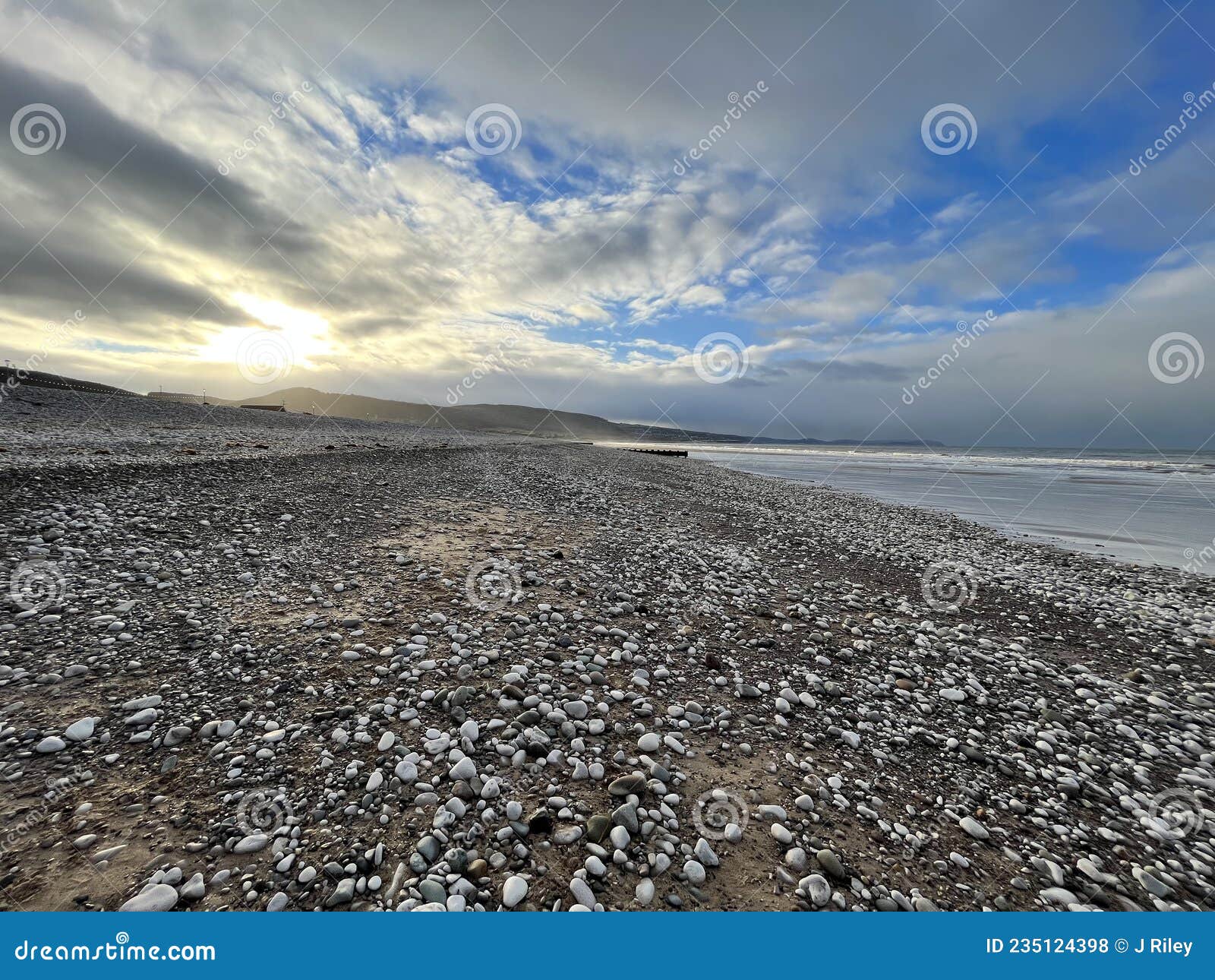 Pebble Sandy Beach Mountains Clouds Stock Photo - Image of nature ...