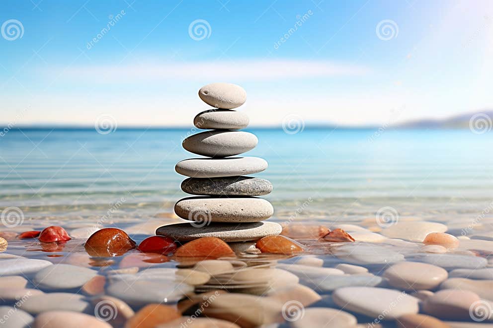 Pebble Stack by the Sea, a Tranquil Spa Inspired Beach Tableau Stock ...