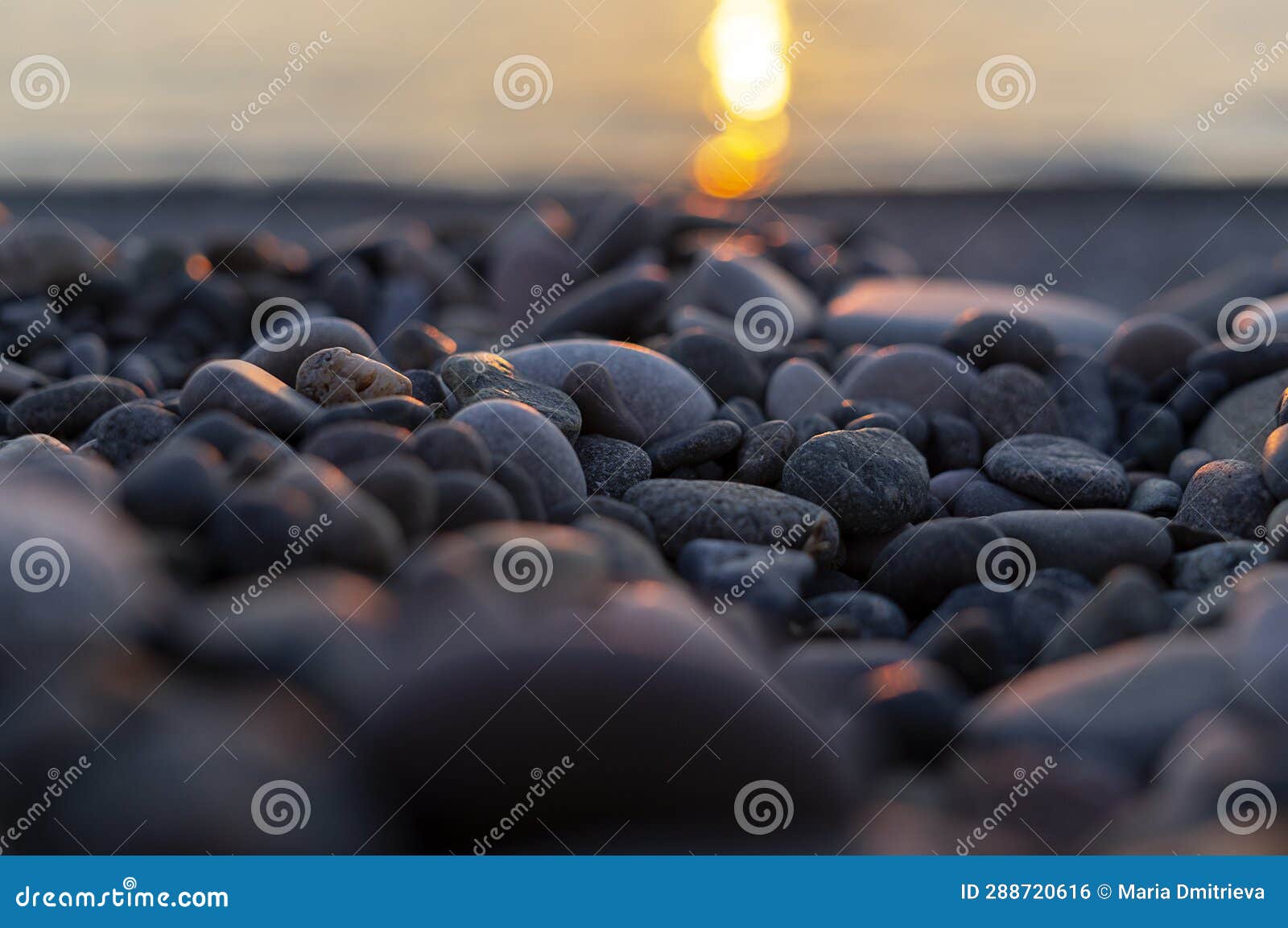 Pebbles Lit by the Setting Sun. Blurred Sea in the Background. Copy ...