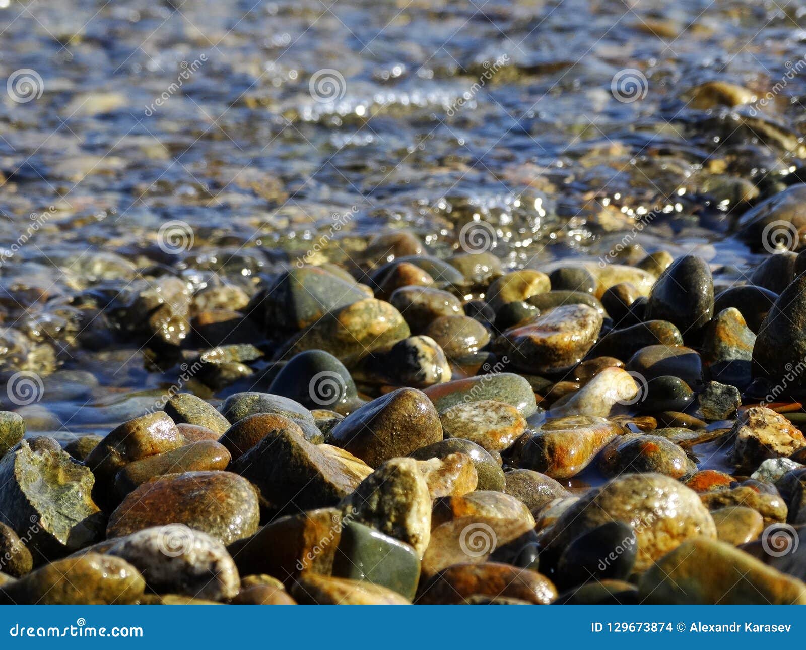 Pebbles on the river Bank stock photo. Image of nature - 129673874