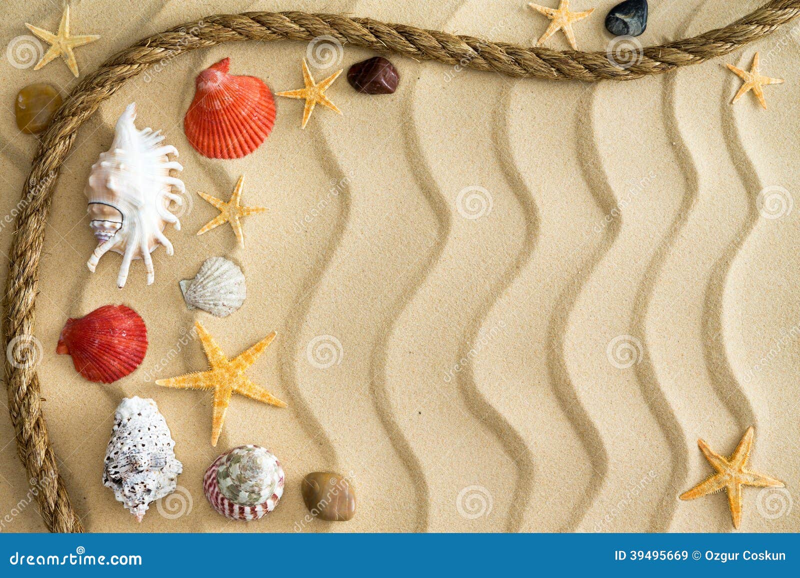 Pebbles and Seashells on Rippling Sand with a Rope Stock Image - Image ...