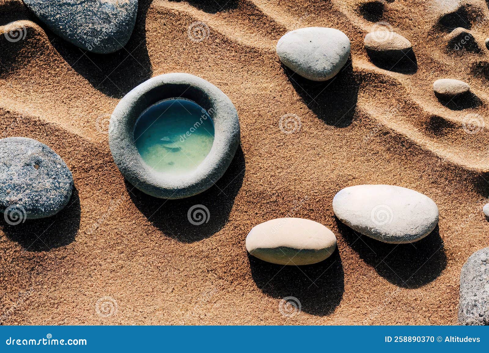 Pebbles and Stone Bowl with Water on Sand Stock Illustration ...