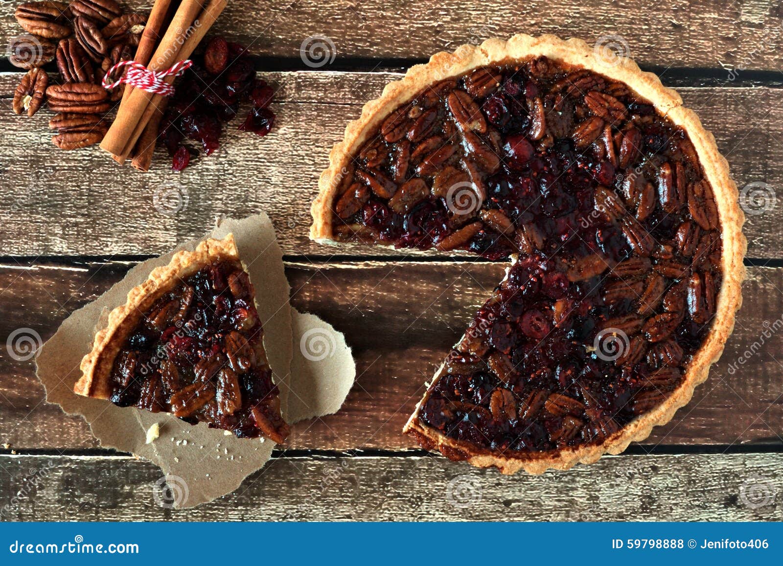 Pecan Cranberry Pie, Overhead Rustic Table Scene with Cut Slice Stock ...