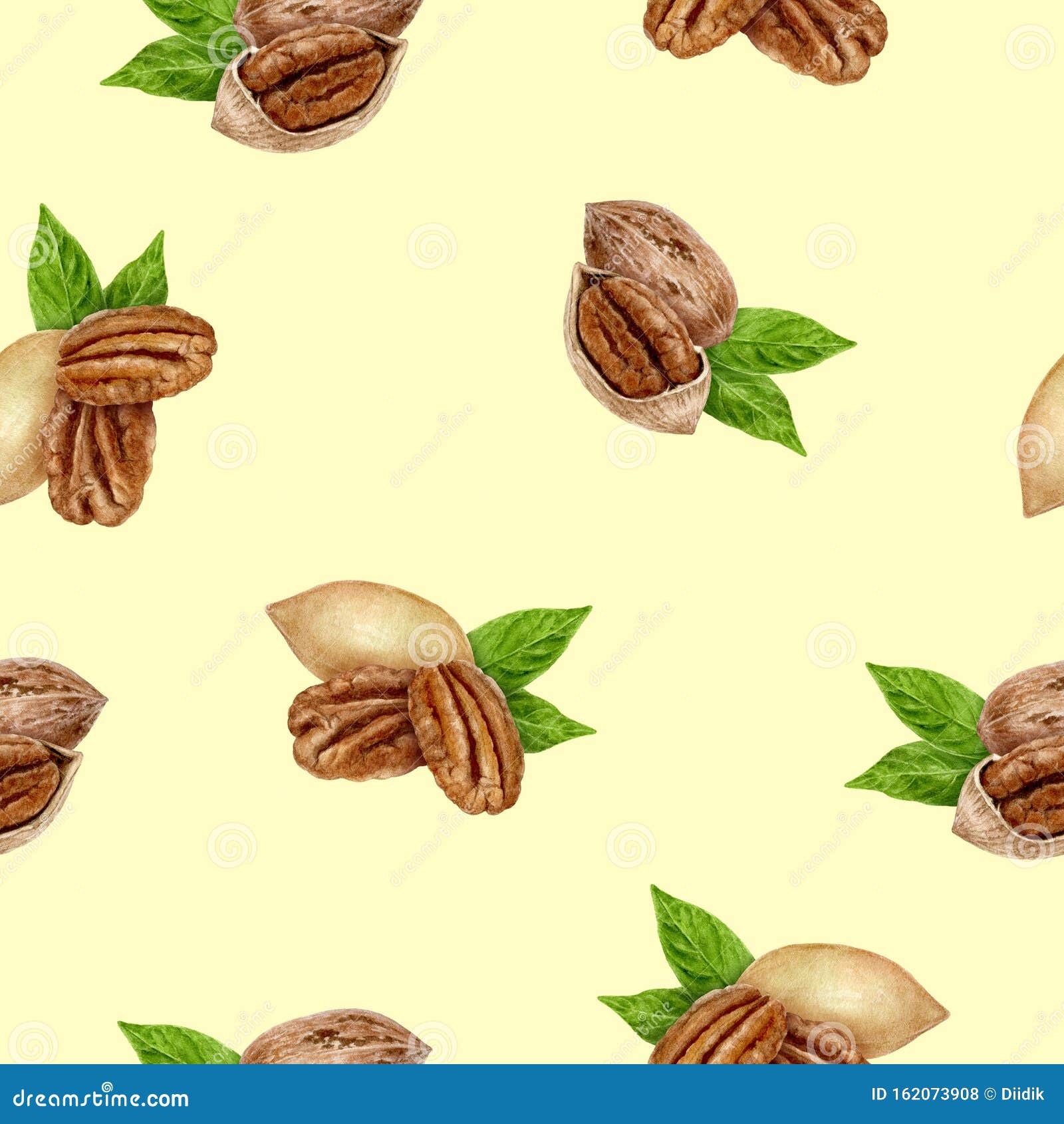 Pecan Hand Drawn Watercolor Illustration. Seamless Pattern. Royalty ...