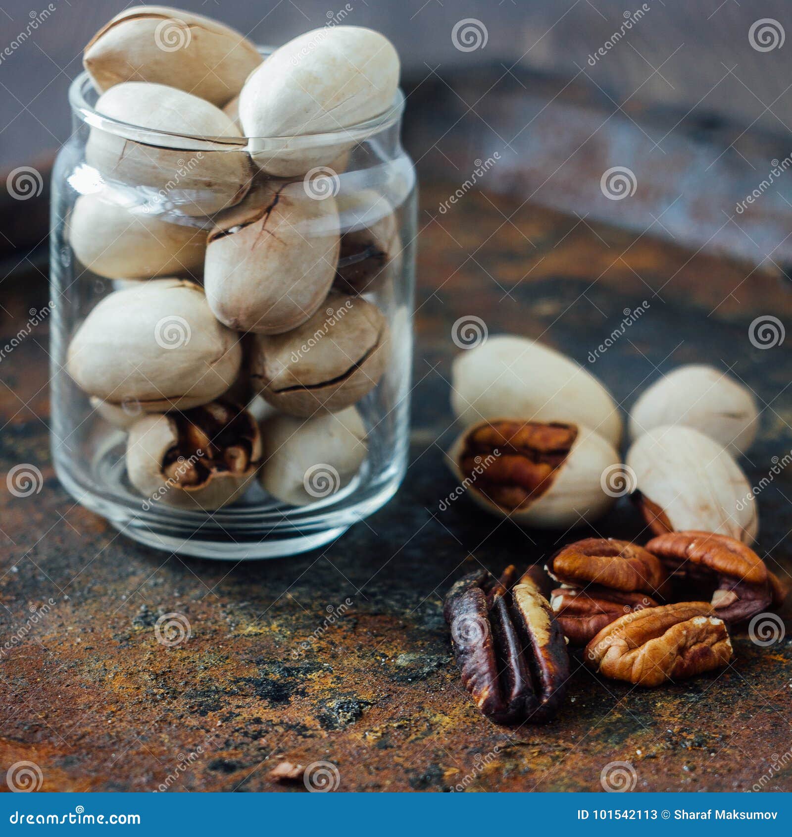 Pecan Nuts Inside Glass Jar on Rustic Surface. Stock Image - Image of ...