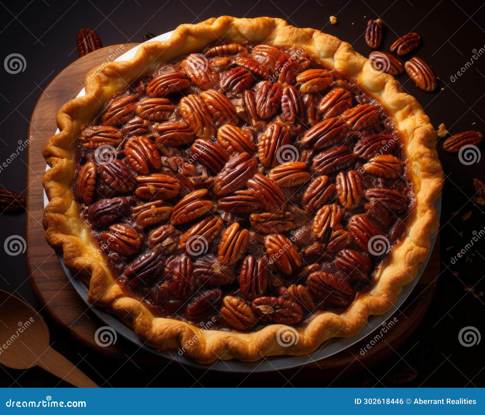 A Pecan Pie with Pecans on Top of a Wooden Cutting Board Stock ...