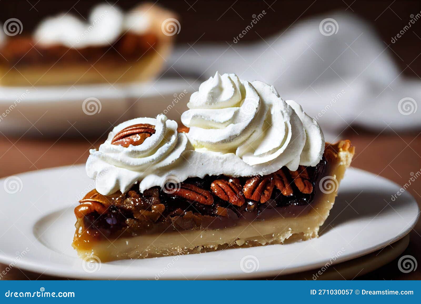 Pecan Pie Piece on Shortbread Dough with Whipped Cream on Plate Stock ...