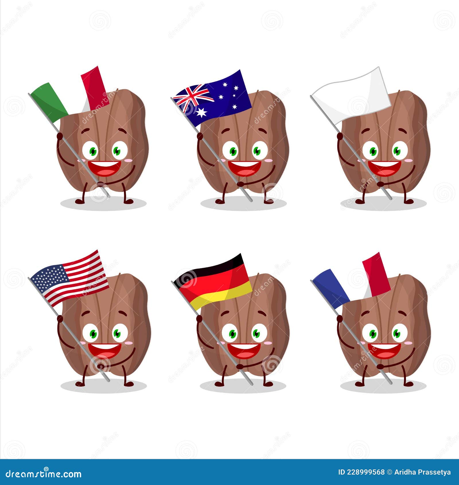 Pecans Cartoon Character Bring the Flags of Various Countries Stock ...