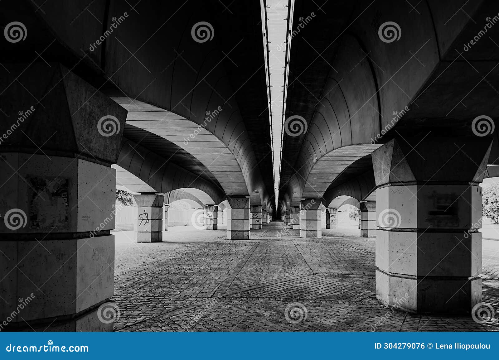 Pedestrian Area Underneath the Solid Bridge Construction in Black and ...